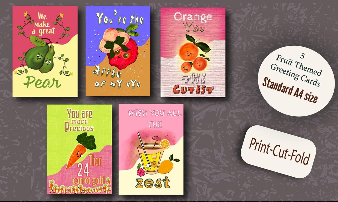 5 Fruit Themed Greeting Card Bundle - Digital Download - Etsy