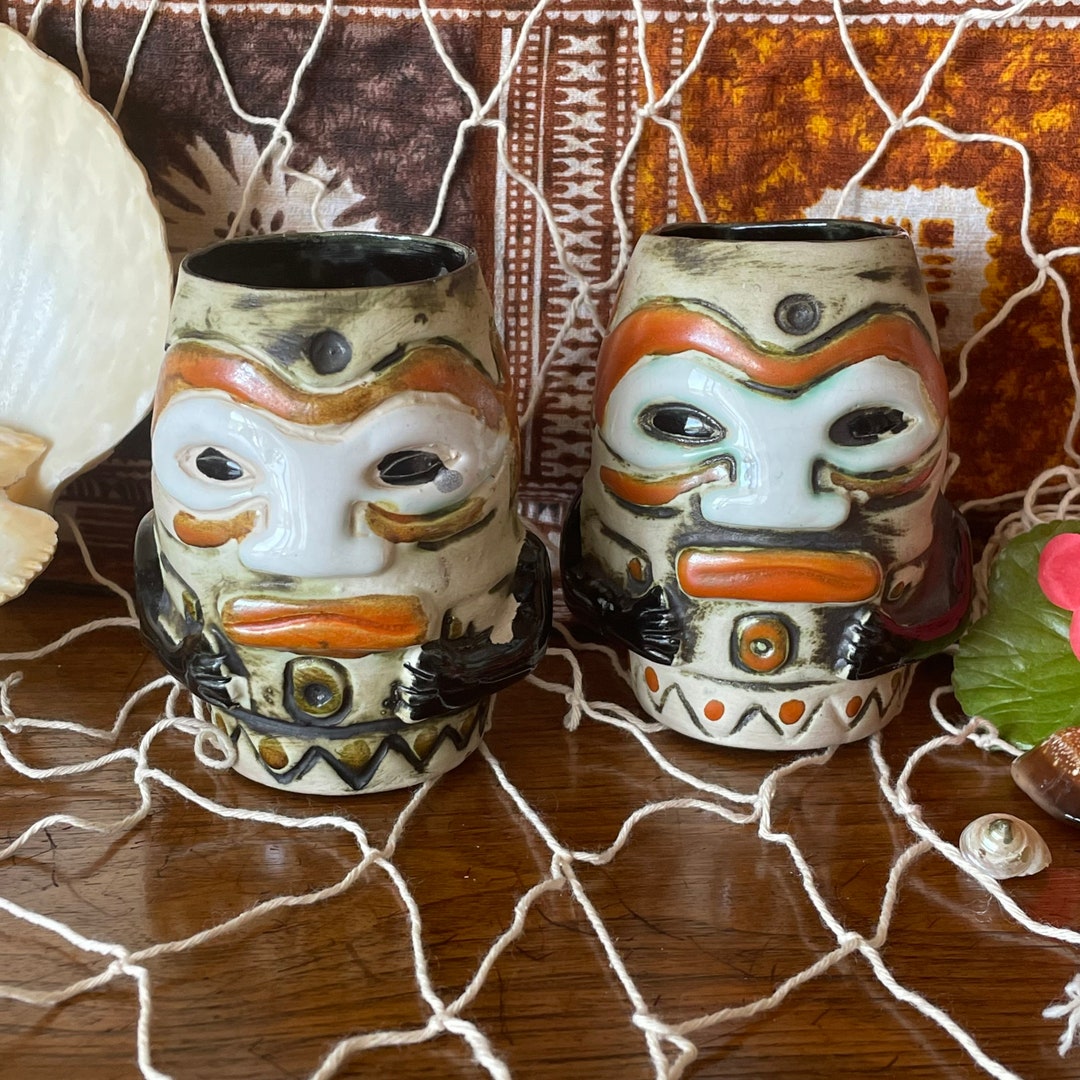 Vintage Tiki Mug Pair 2 Multi Color Ceramic Finish & Handles - Etsy