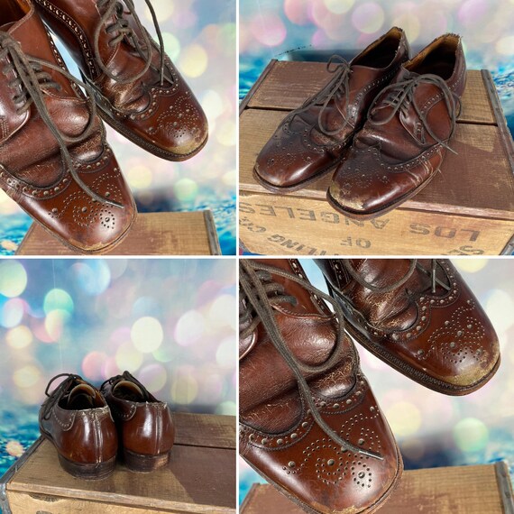 Vintage Men’s Brown Wing Tip Dress Shoes, Leather, Lo… - Gem