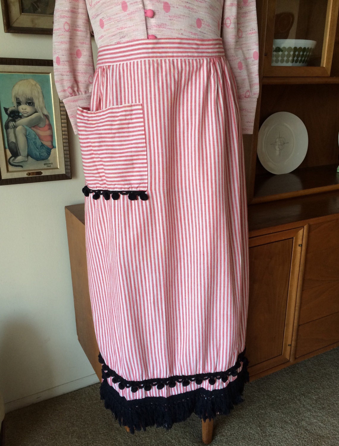 Wonderful Vintage Maxi Apron Red and White Stripe With Black Pom Pom ...