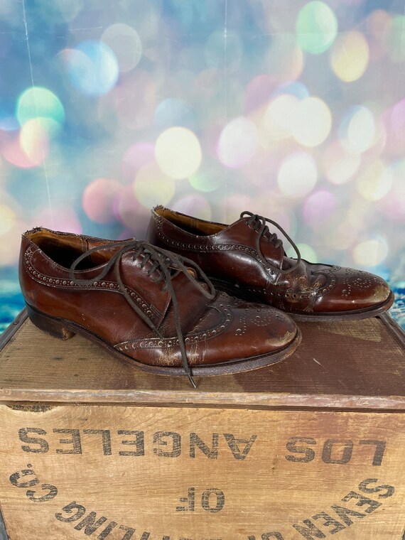 Vintage Men’s Brown Wing Tip Dress Shoes, Leather, Lo… - Gem