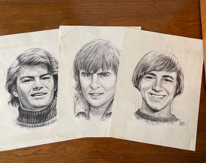 3 Vintage the Monkees Sketch Drawings, Prints, Davy Jones, Micky Dolenz ...