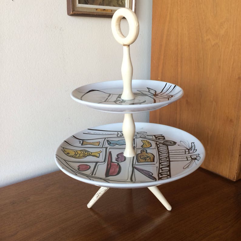 Vintage Two Tier Tray Chef Plates Serving Stand Piece Mid - Etsy