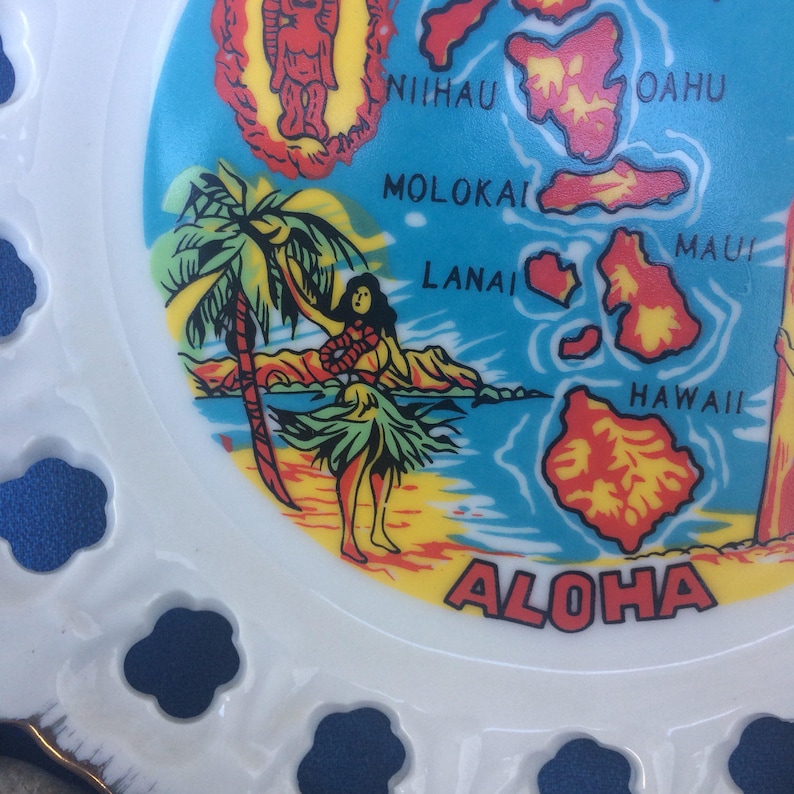 Vintage Hawaii Plate With Hula Girl, Surfer & Surf Board, Palm Trees ...