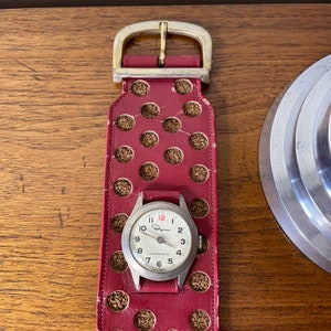 Vintage Ingraham Watch With Cool Circle Red Leather & Cork Wristband ...