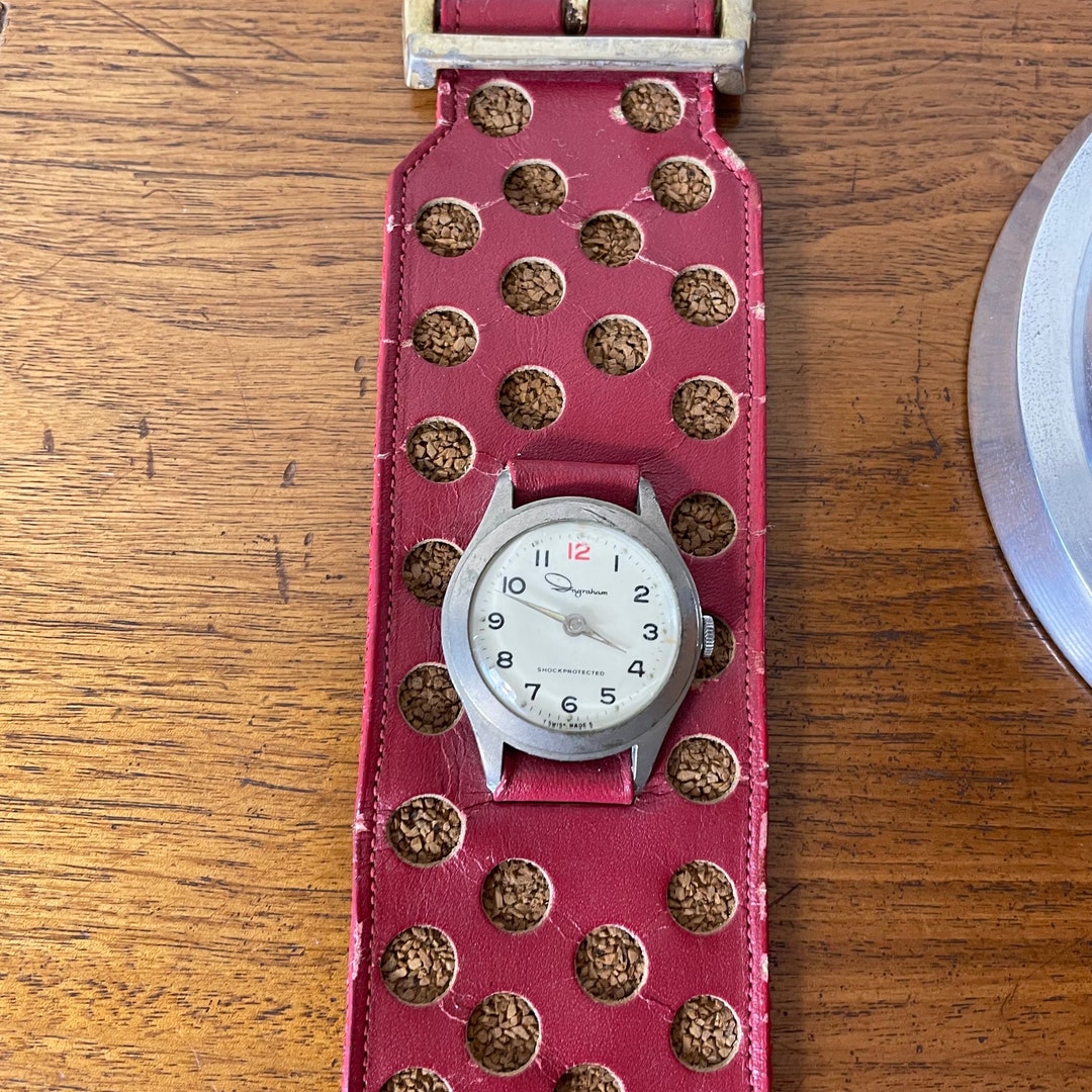 Vintage Ingraham Watch With Cool Circle Red Leather & Cork Wristband ...