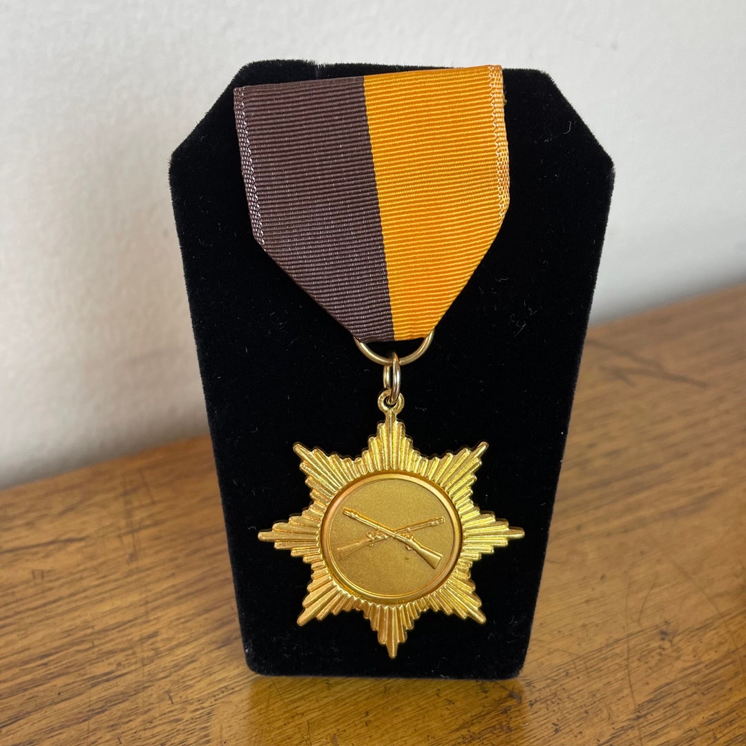 Vintage Crossed Rifles Medal and Pin, Gold Tone Metal and Gold & Brown ...