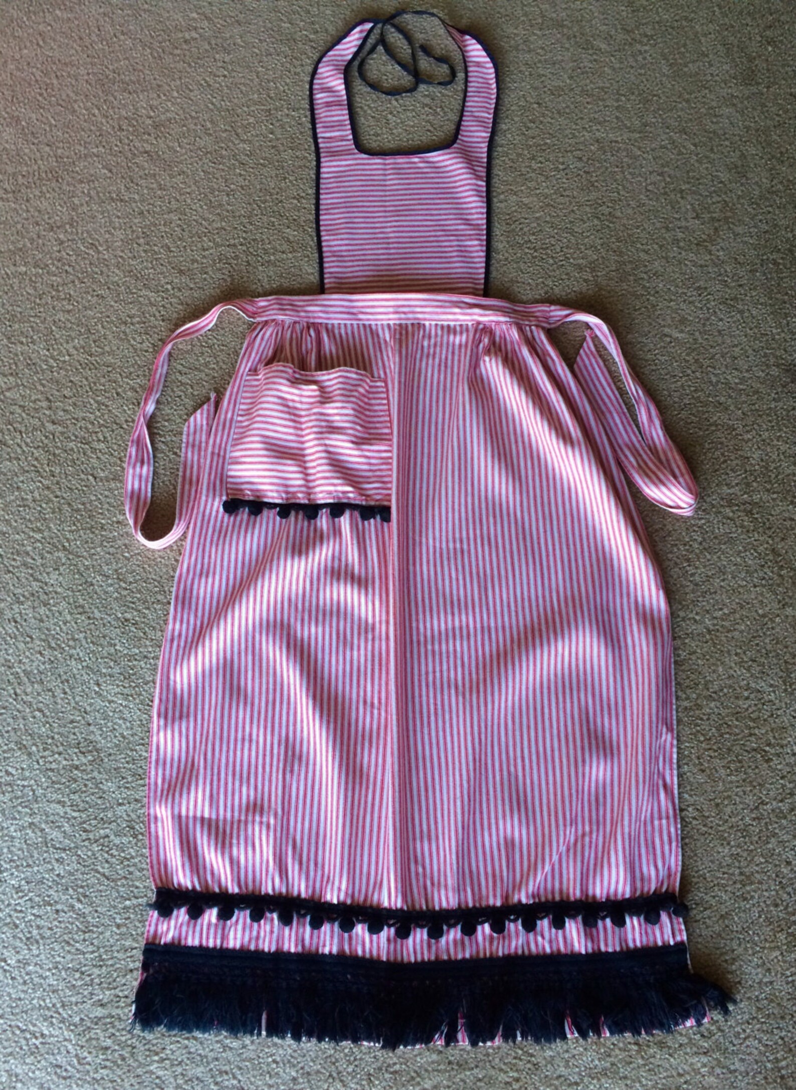 Wonderful Vintage Maxi Apron Red and White Stripe With Black Pom Pom ...