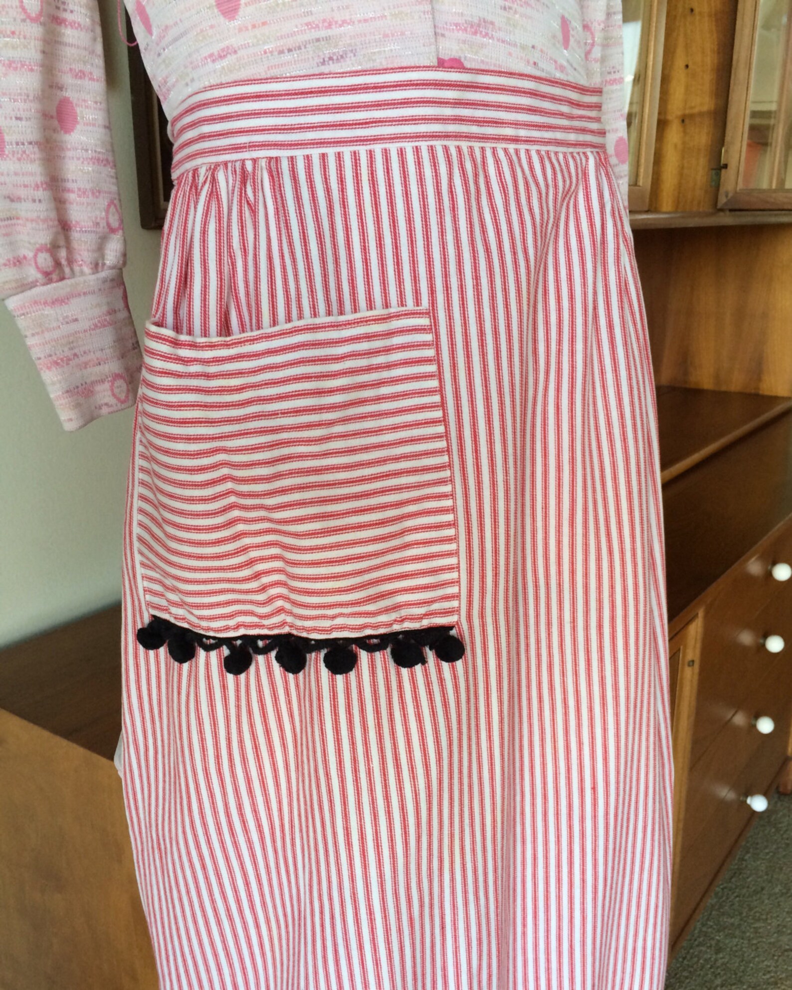 Wonderful Vintage Maxi Apron Red and White Stripe With Black Pom Pom ...