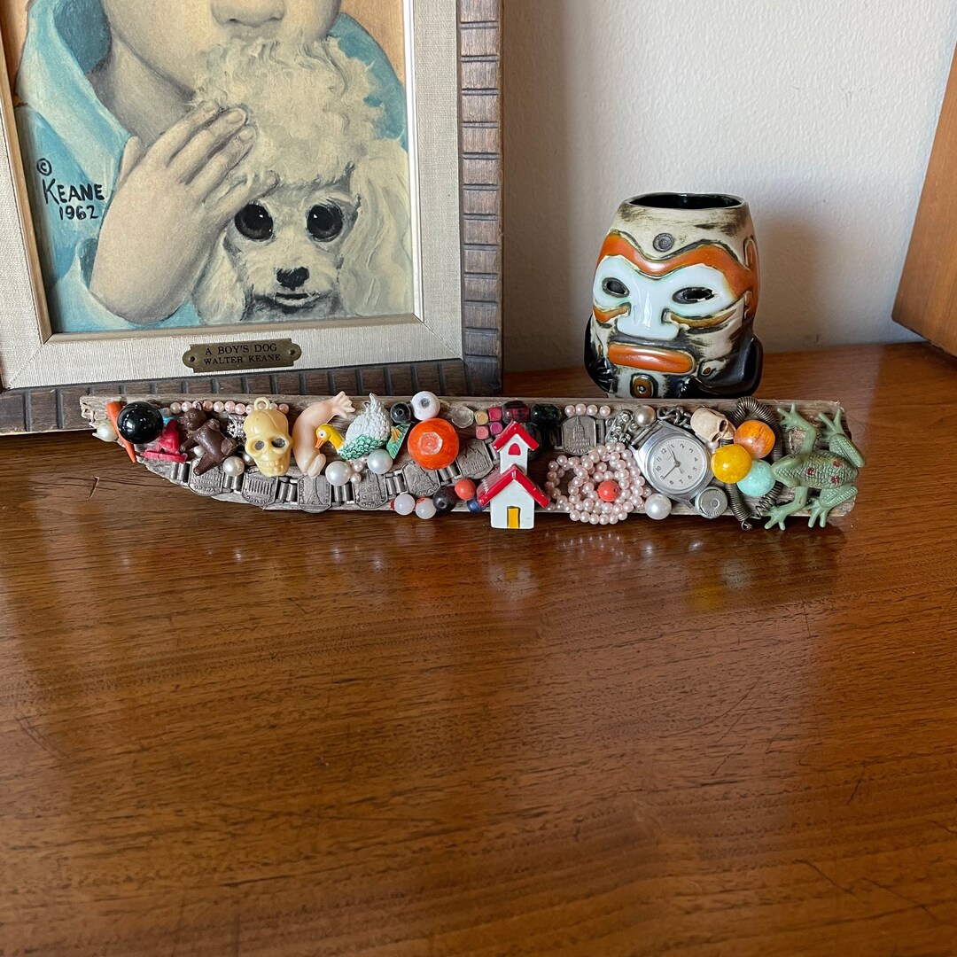 Vintage Trinket Art on Wood, Miniature Plastic Toys, Animals, Watch ...