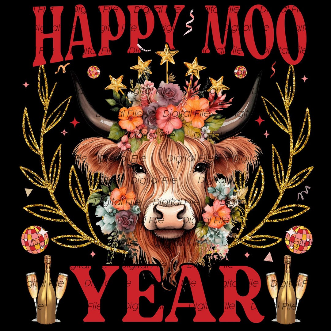 Happy Moo Year PNG, Happy New Year PNG Design, Highland Heifer Digital Download, Happy New Year ...