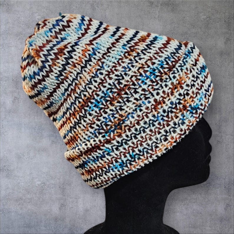 Handmade Knit Beanie Hat - Multicolor Blue, Brown, and Cream Speckled ...