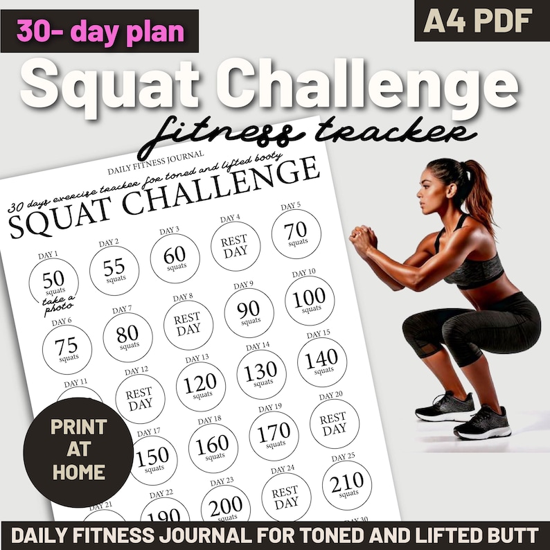 Printable 30 Day Squat Challenge Journal, Self-care Log, Fitness Tracker, Daily Sport and ...