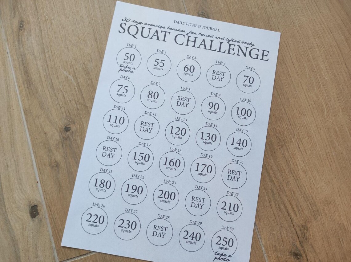 Printable 30 Day Squat Challenge Journal, Self-care Log, Fitness ...