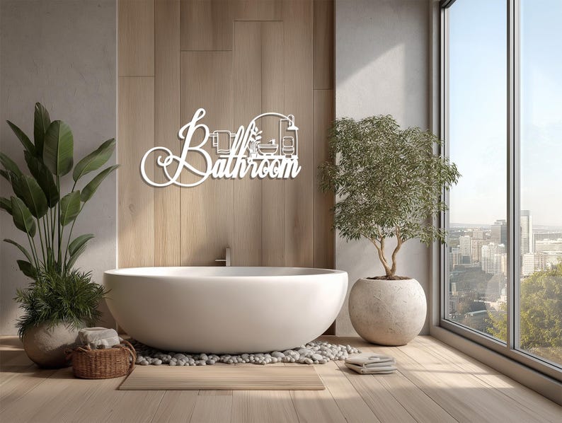 Metal Bathroom Wall Art – Modern Script, Plant & Toilet Design - Etsy
