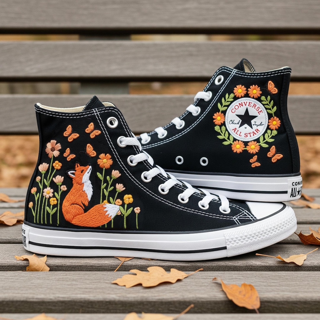 Hand Embroidered Fox & Floral Converse High Tops: Custom 1970s Sneakers ...
