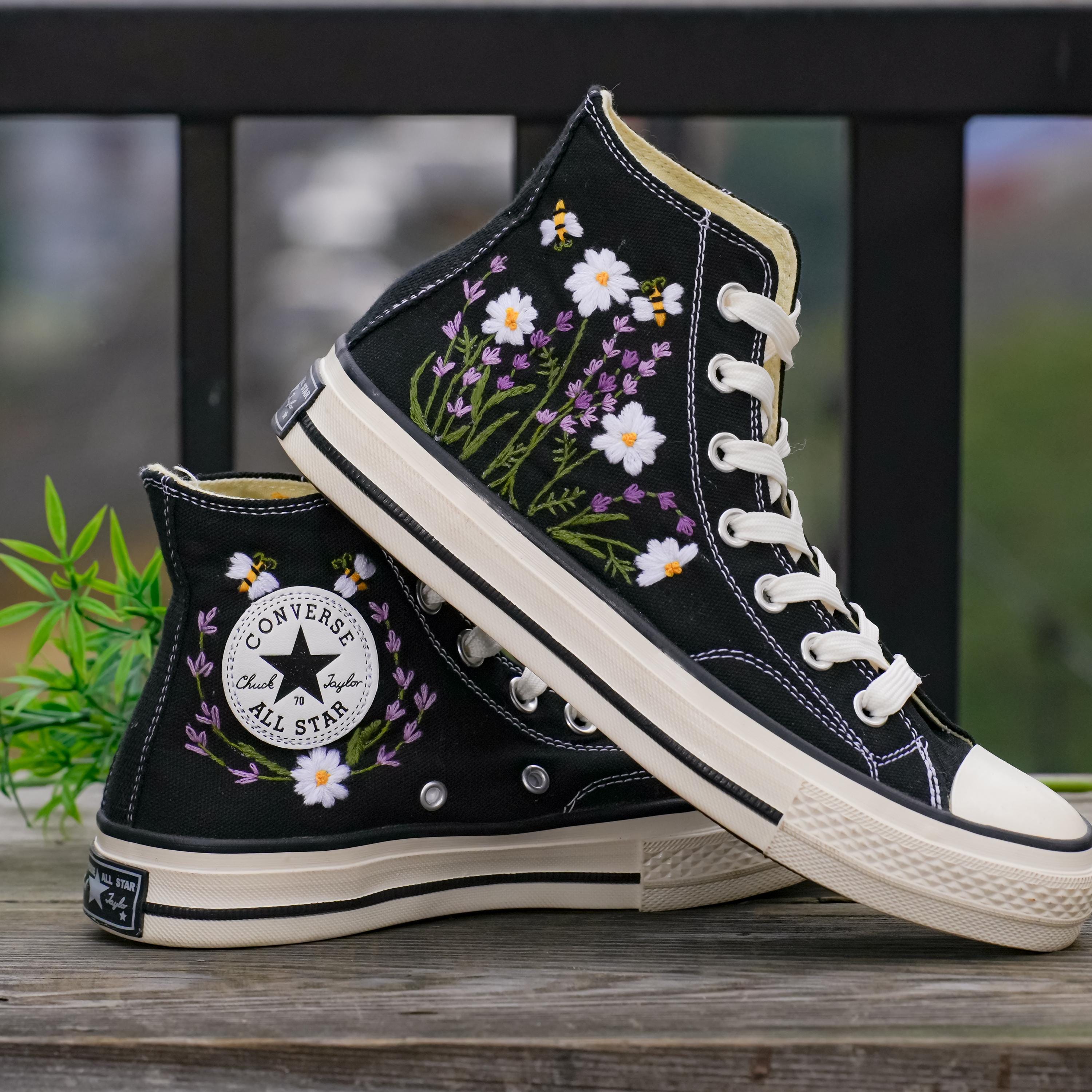 Hand Embroidered Converse: Daisy, Bee & Lavender Floral Shoes - Etsy