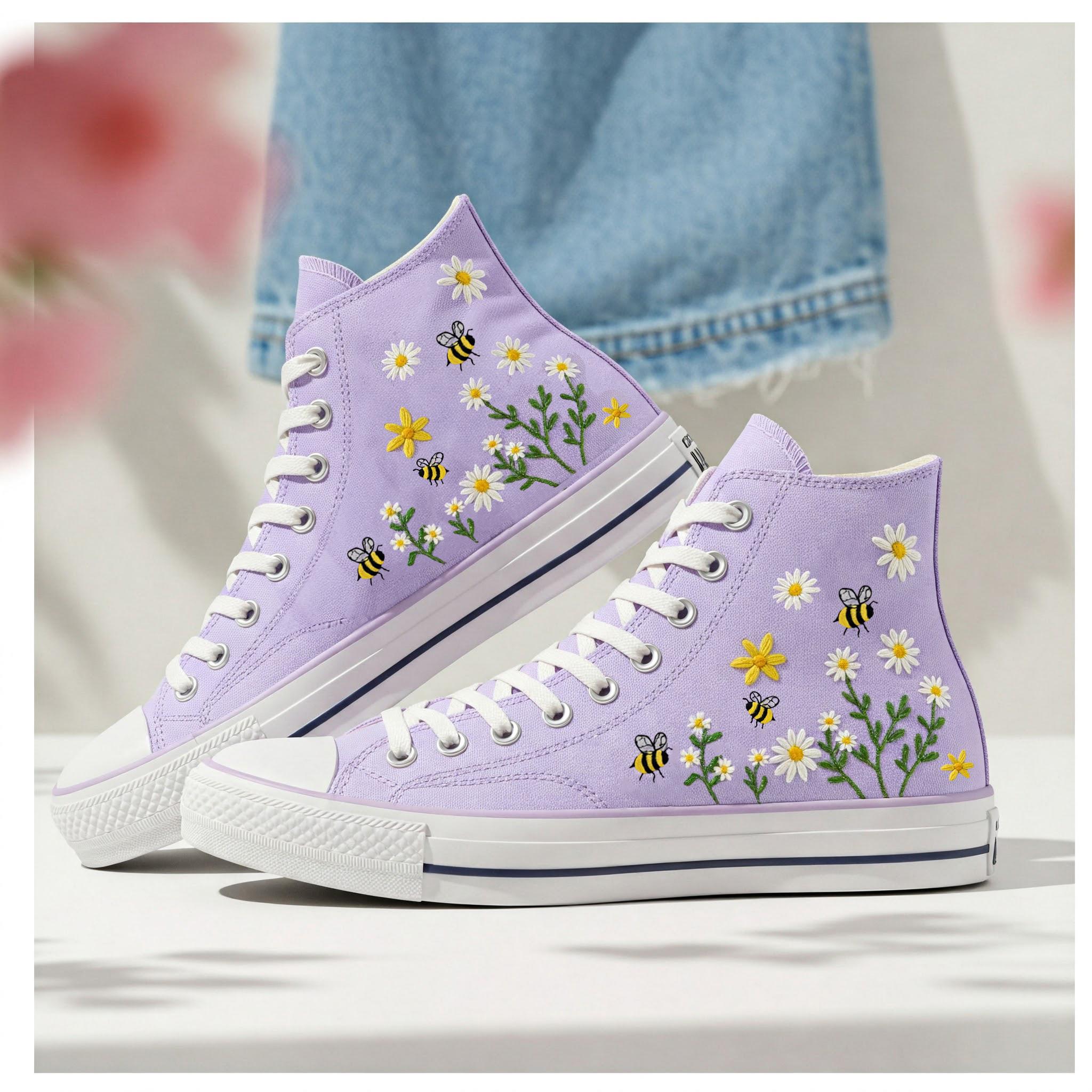 Embroidered Converse: Custom Purple Floral High Tops - Etsy