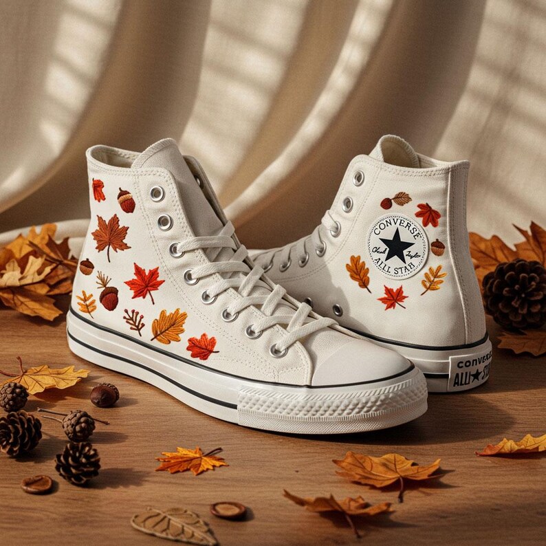 Hand Embroidered Autumn Converse Sneakers: Maple Leaf & Pine Cone - Etsy
