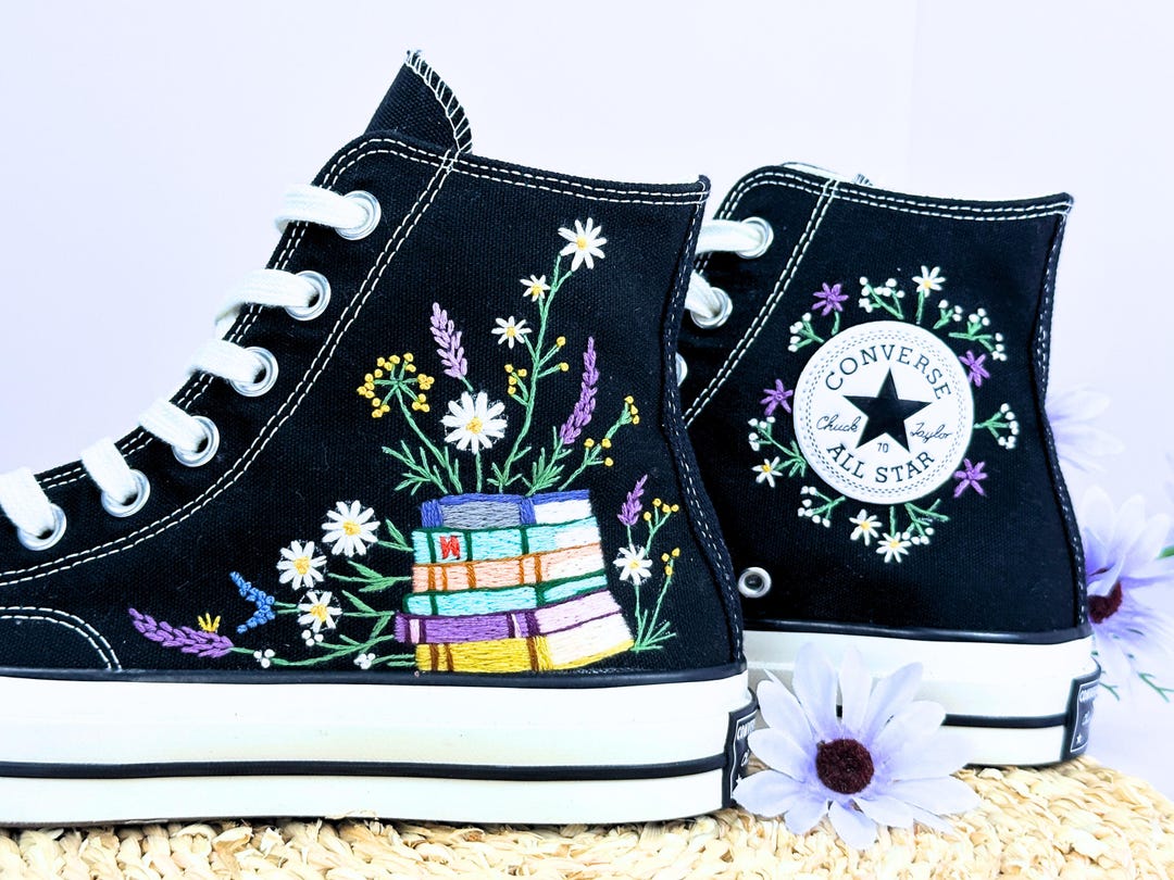 Custom Embroidered Floral Converse: Book Lover Gift, Wedding Shoes - Etsy