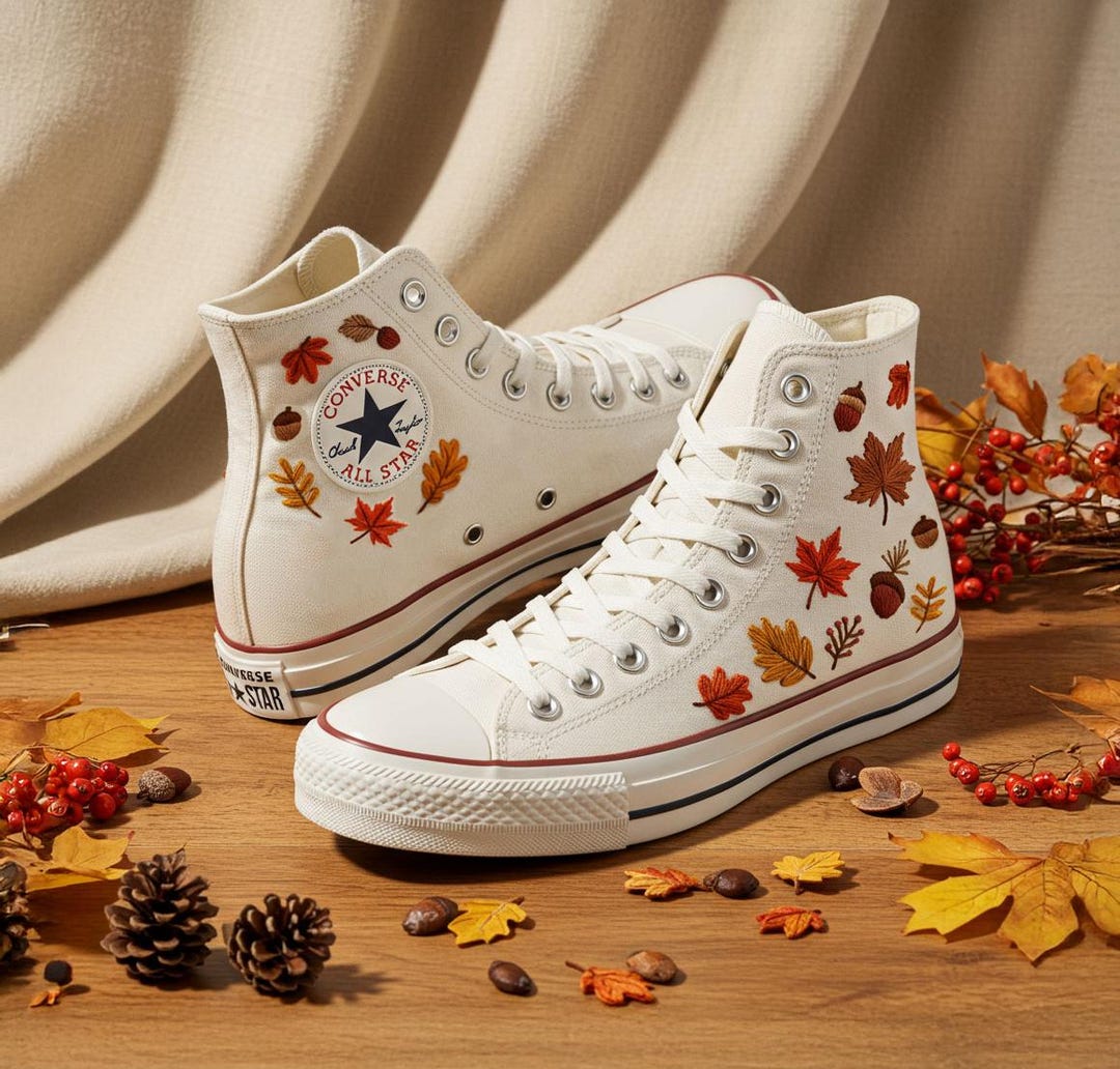Hand Embroidered Autumn Converse Sneakers: Maple Leaf & Pine Cone - Etsy