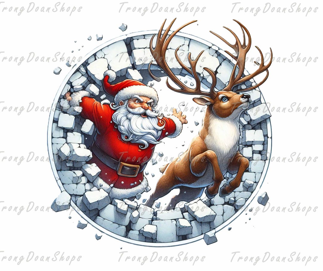 Santa Claus Reindeer Art Png, Christmas Santa Chasing Reindeer, Wall ...