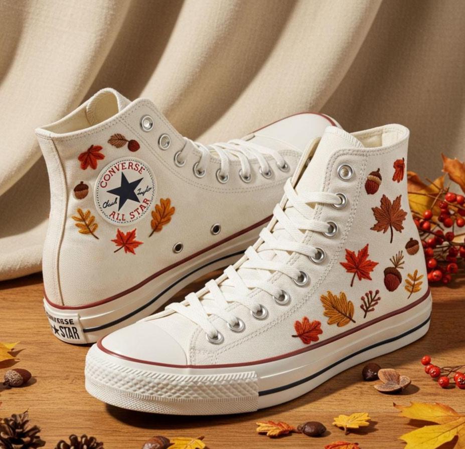 Hand Embroidered Autumn Converse Sneakers: Maple Leaf & Pine Cone - Etsy