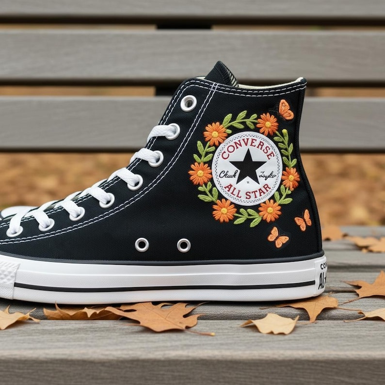 Hand Embroidered Fox & Floral Converse High Tops: Custom 1970s Sneakers ...
