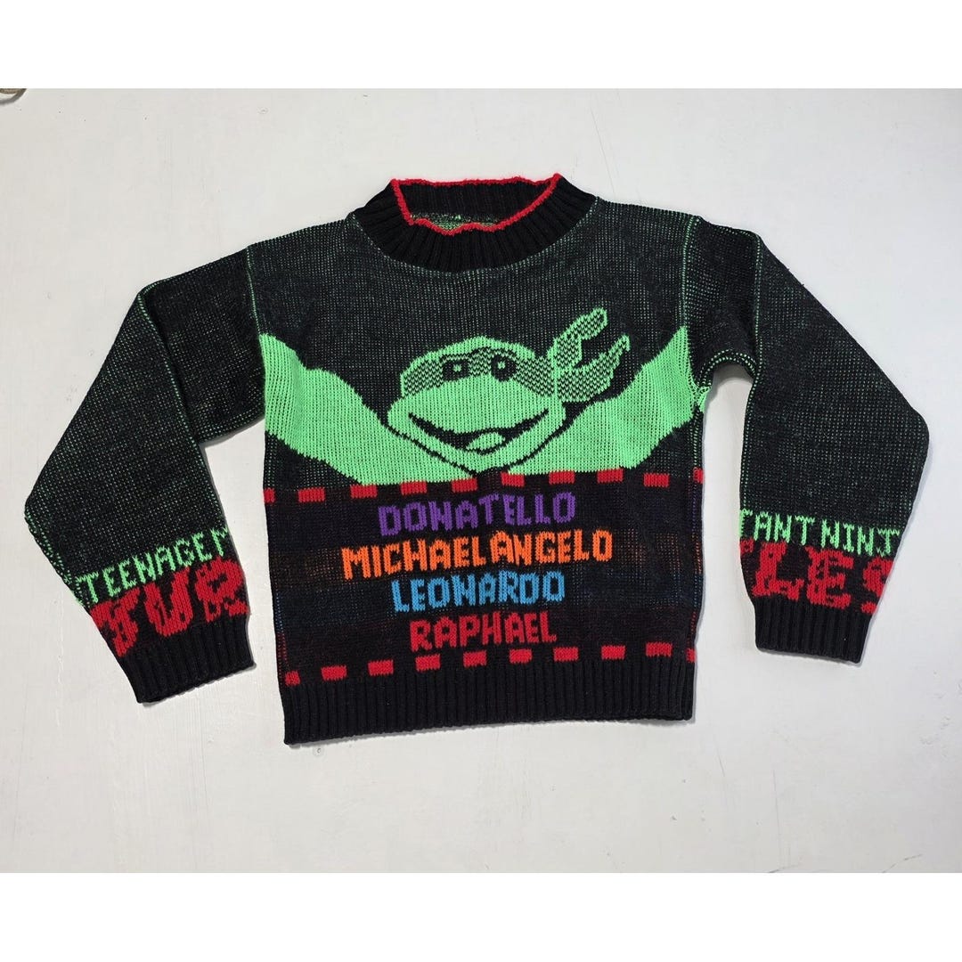Vintage Teenage Mutant Ninja Turtles Sweater Kids 4-5 Black Green Knit ...