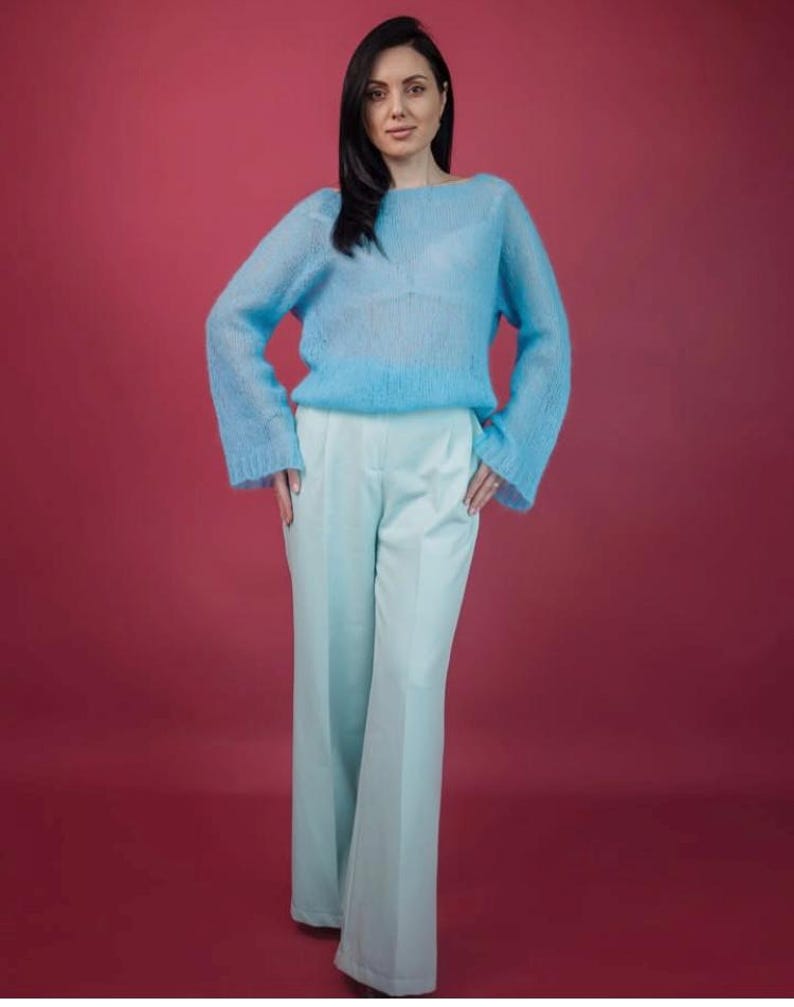 Hand Knit Blue Mohair Sweater / Seamless Boat Neck Blouse - Etsy