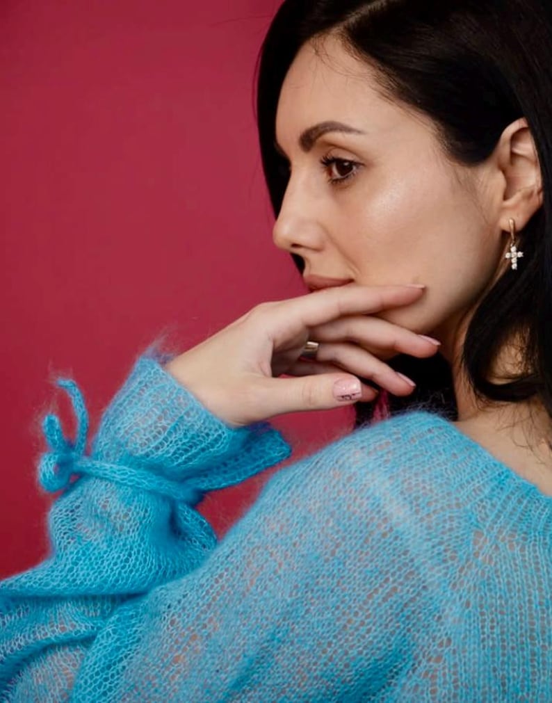 Hand Knit Blue Mohair Sweater / Seamless Boat Neck Blouse - Etsy