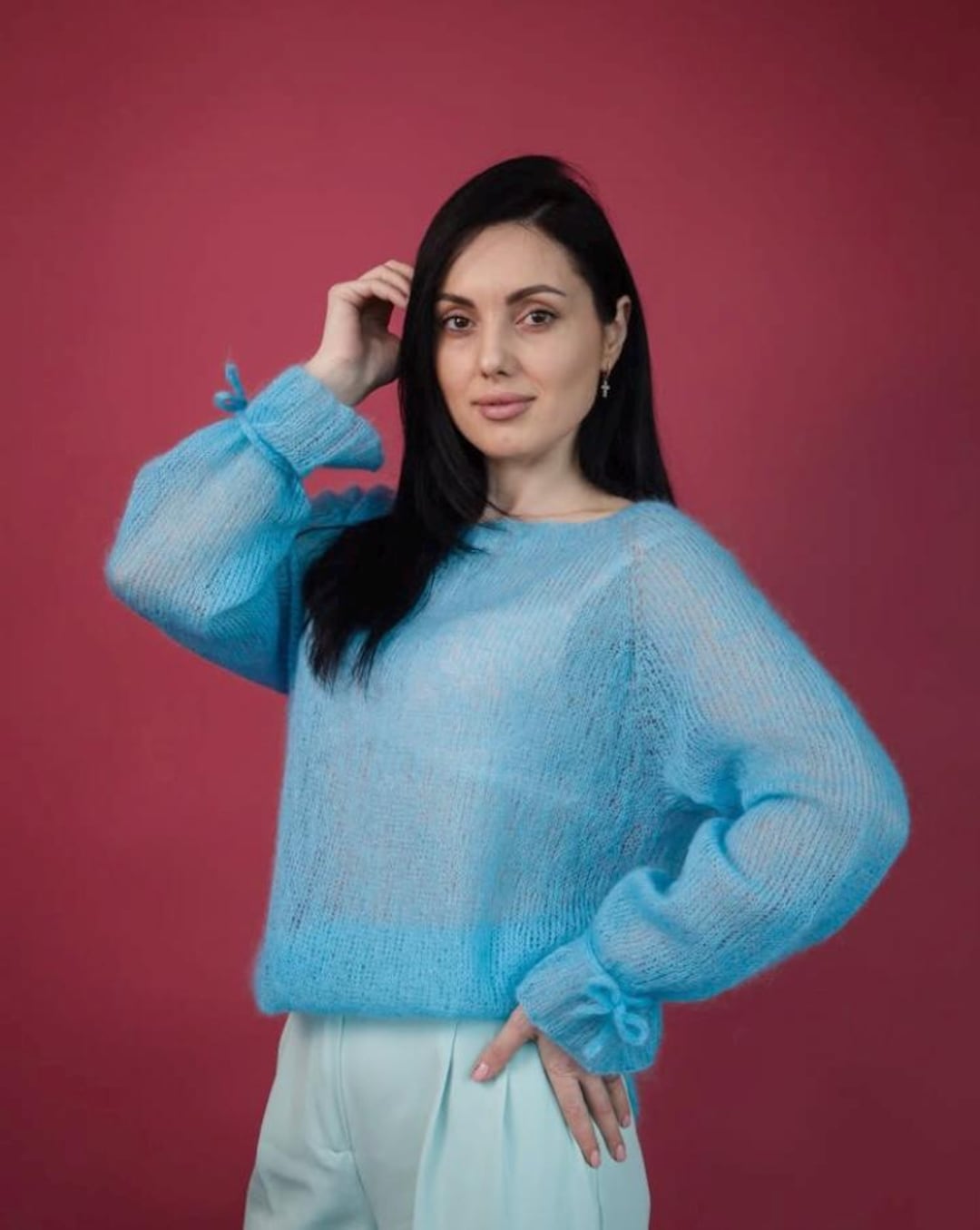 Hand Knit Blue Mohair Sweater / Seamless Boat Neck Blouse - Etsy