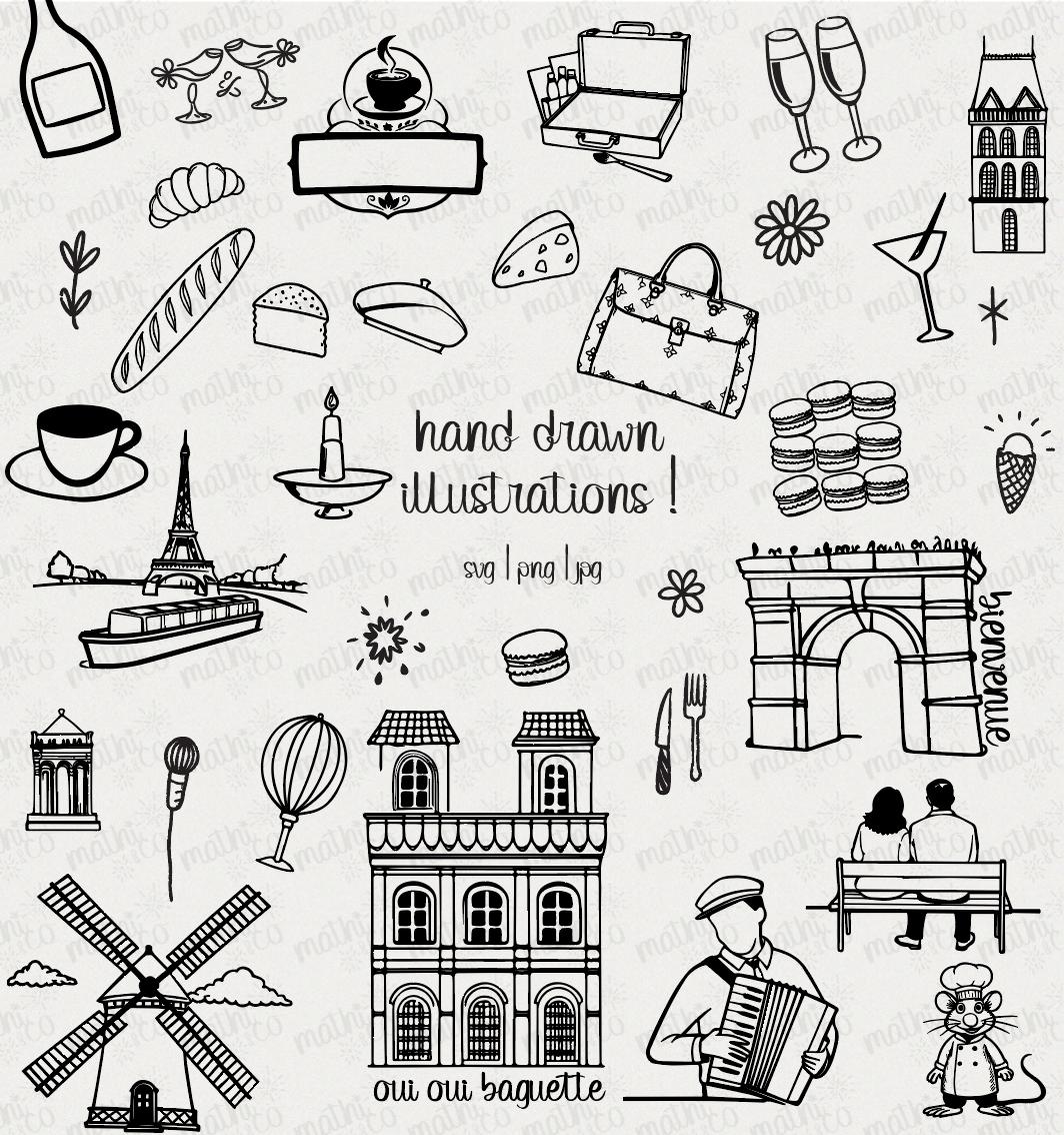100+ Whimsical French Clipart Bundle | Hand Drawn Illustrations Icons ...