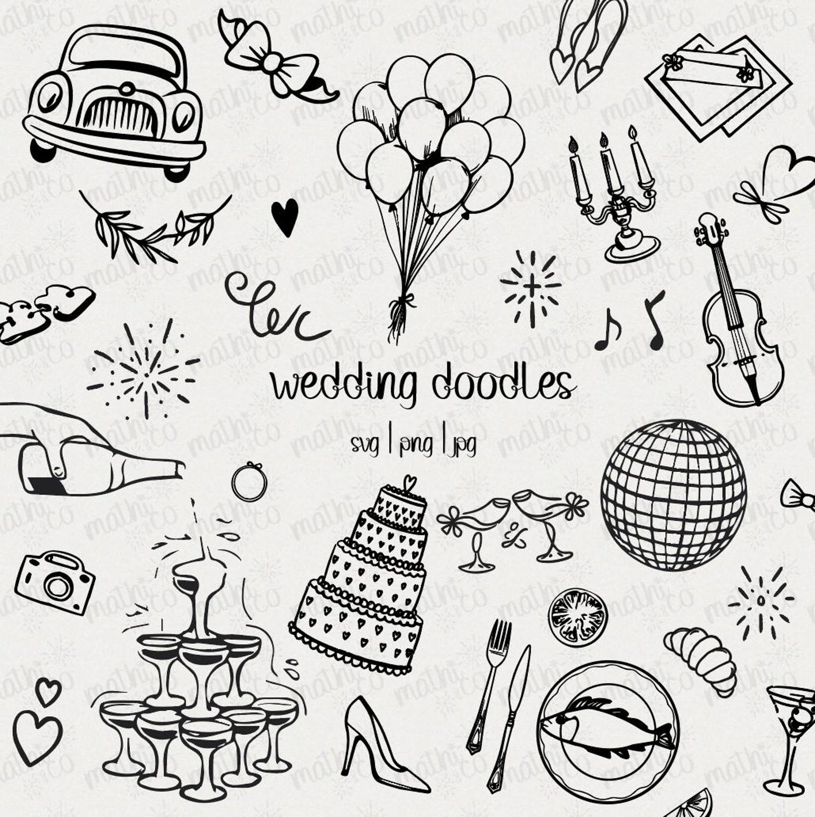 120+ Whimsical Wedding Doodles & Icon Bundle | Hand-drawn Wedding ...