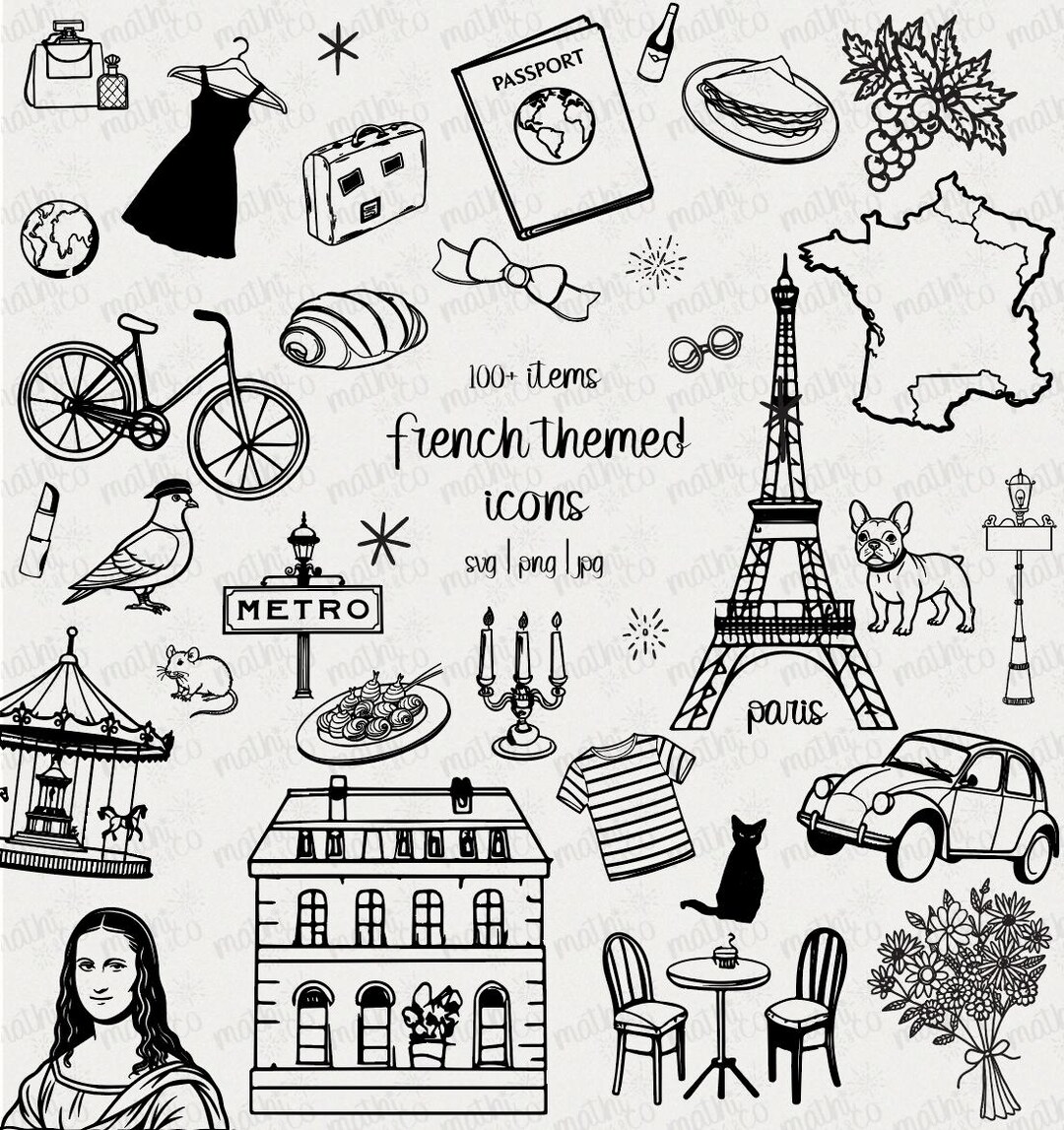 100 Whimsical French Clipart Bundle Hand Drawn Illustrations Icons ...