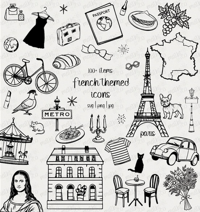 100+ Whimsical French Clipart Bundle | Hand Drawn Illustrations Icons ...