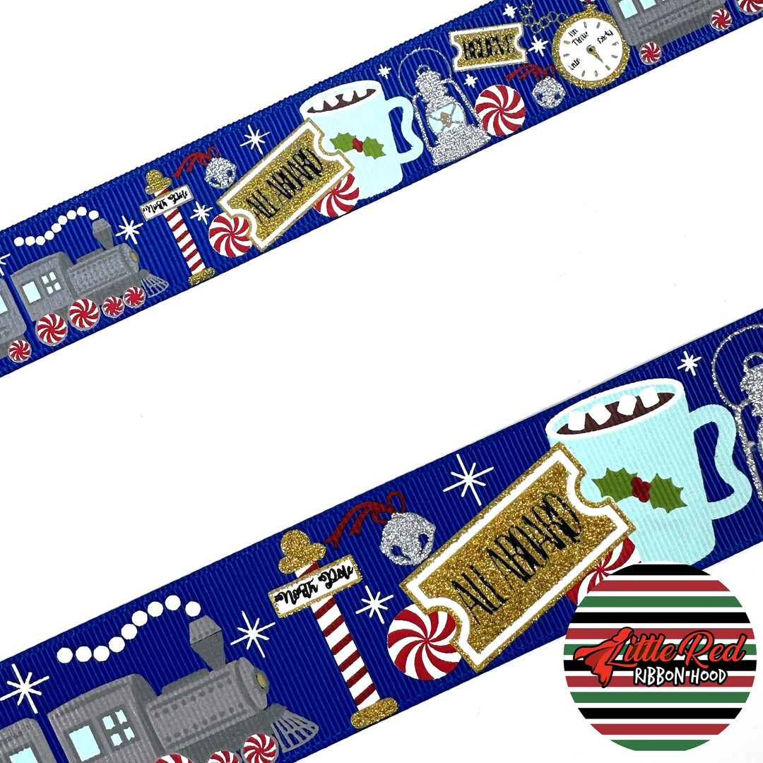 5 Yards 7/8" or 1.5" Printed Grosgrain Ribbon, Christmas, Polar Trains ...