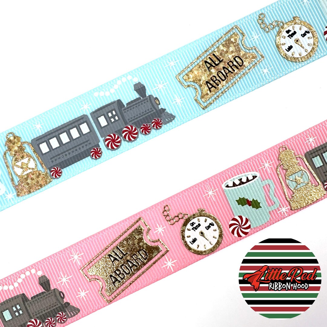 5 Yards 7/8 Printed Grosgrain Ribbon, Christmas, Polar Trains ...