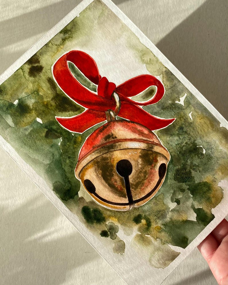 Christmas Bell Watercolor | Hand-painted Holiday Wall Art | Festive ...