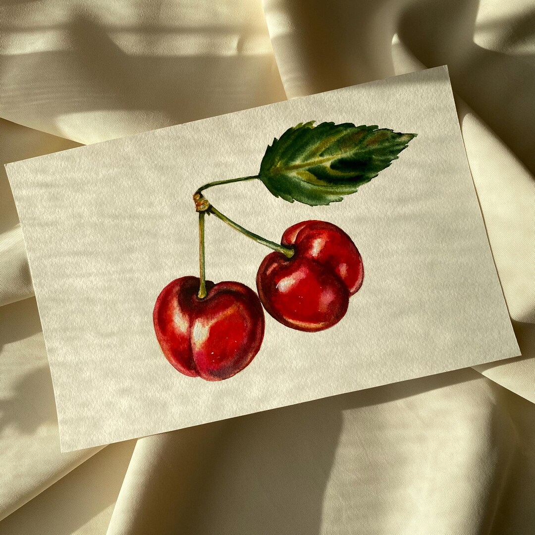 Cherry Watercolor Painting: Original Kitchen Fruit Artwork, Farmhouse ...