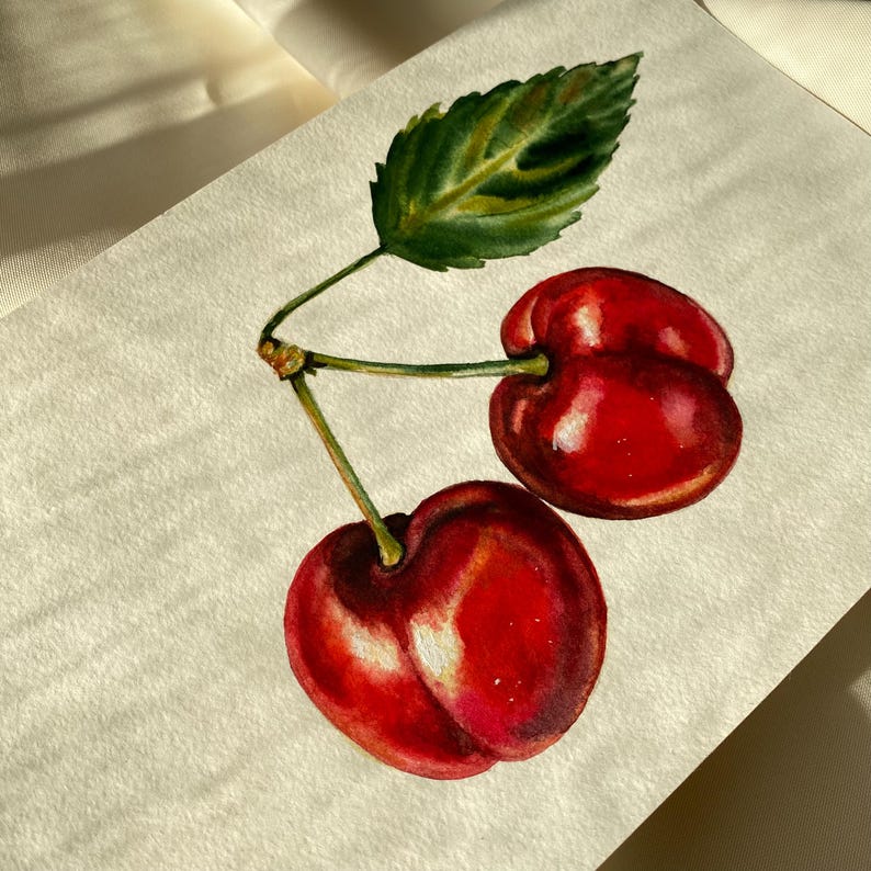 Cherry Watercolor Painting: Original Kitchen Fruit Artwork, Farmhouse ...