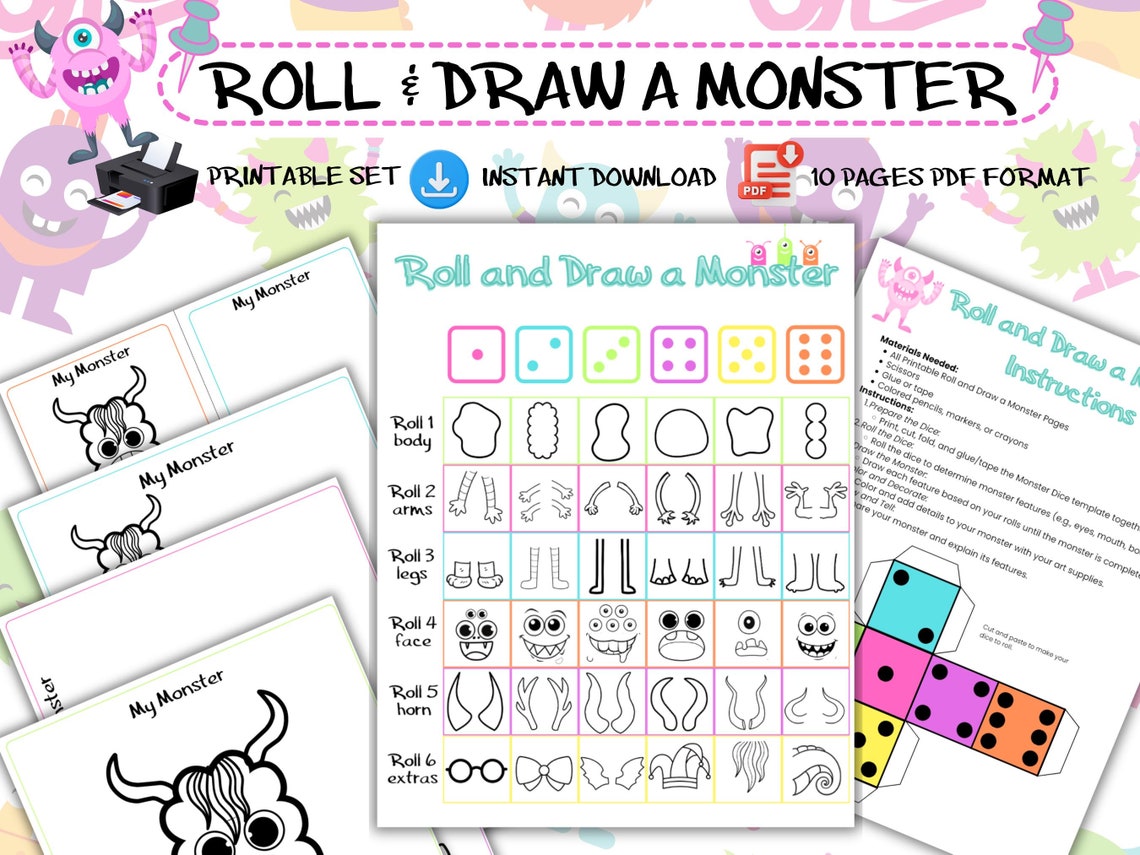 Digital Printable Kids Activitity Roll and Draw a Monster Activity ...