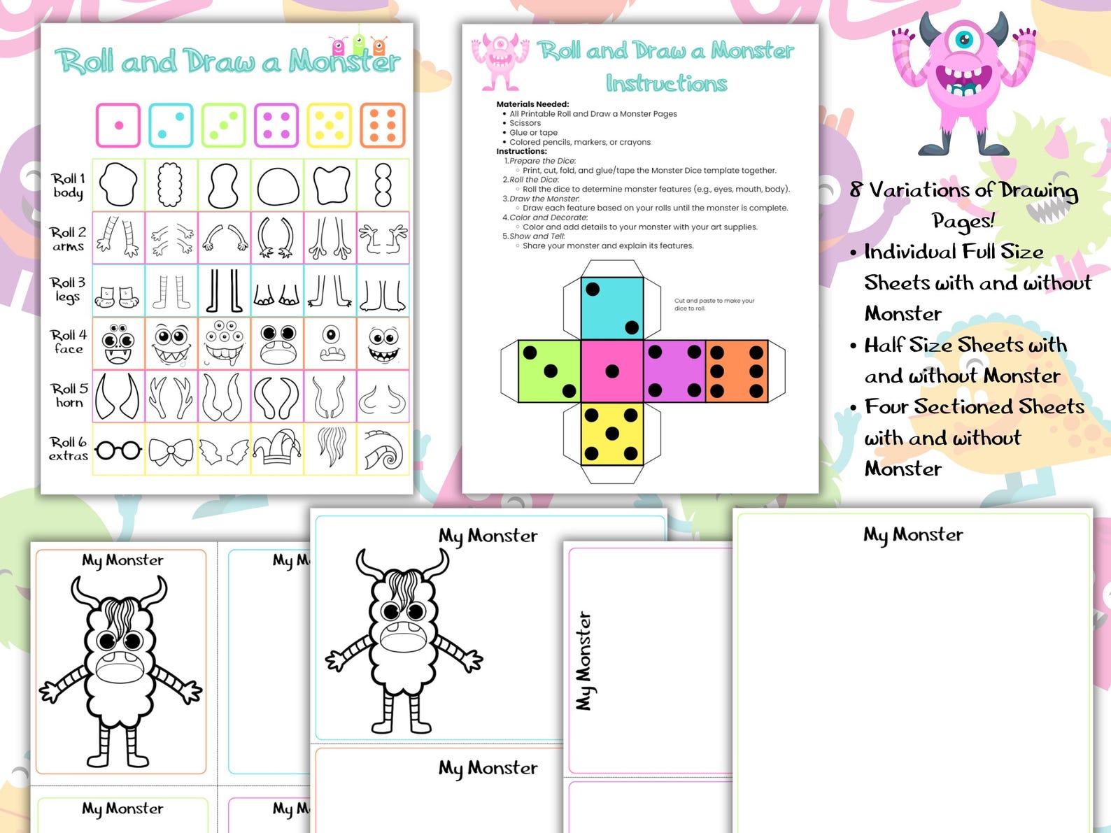 Digital Printable Kids Activitity Roll and Draw a Monster Activity ...