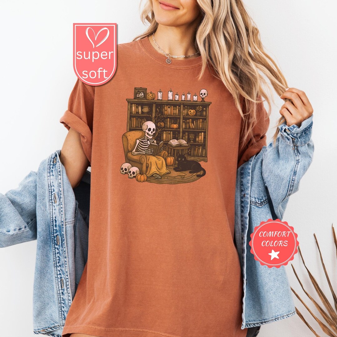Comfort Colors® Retro Skeleton Reading Books Shirt | Librarian Skeleton ...