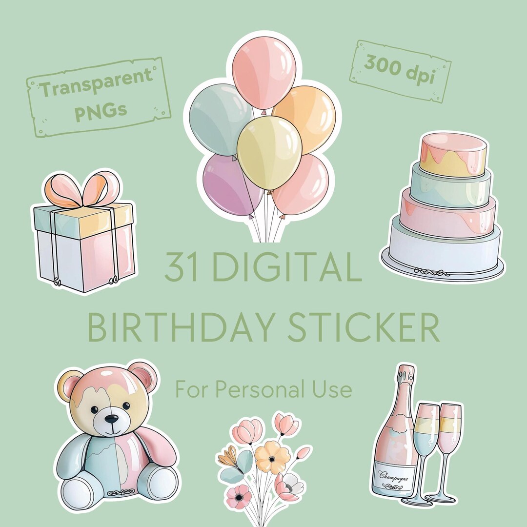 Digital Birthday Stickers in Pastel | Cropped, Transparent & 300 Dpi to ...