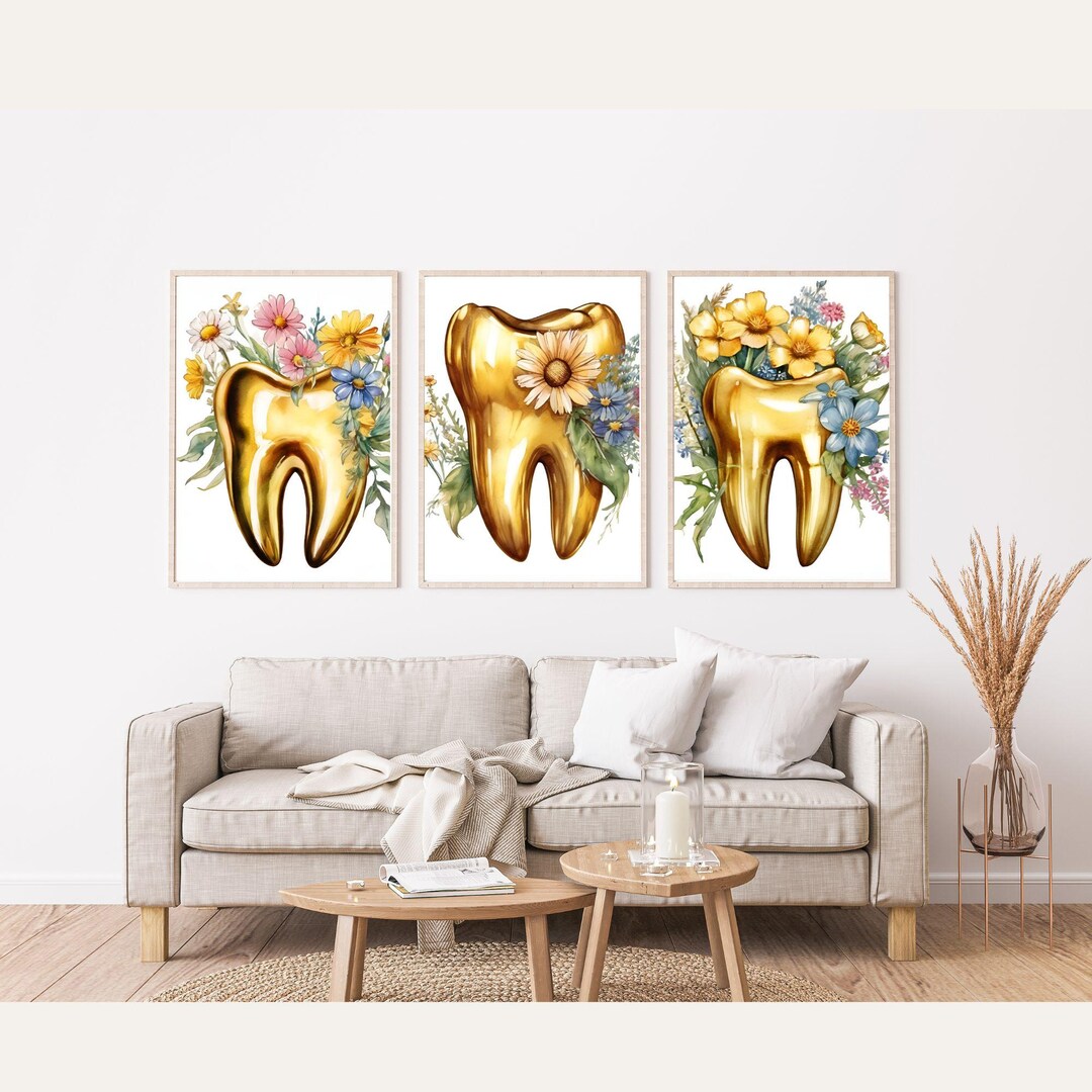 Watercolor Dental Office Gold Tooth Wall Art Decor Printable ...