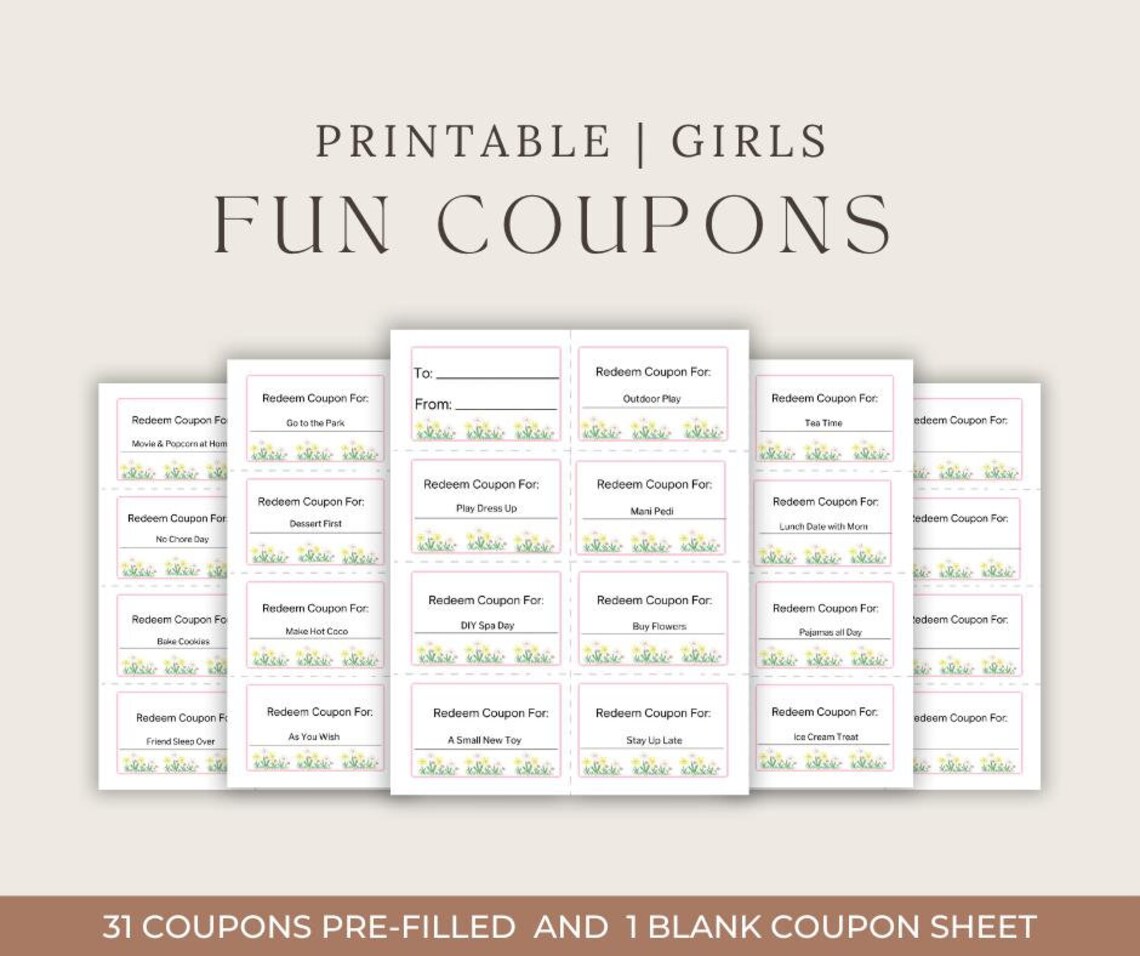 Girl Printable Digital Coupon Book Fun Kids Redeemable Reward Coupons ...