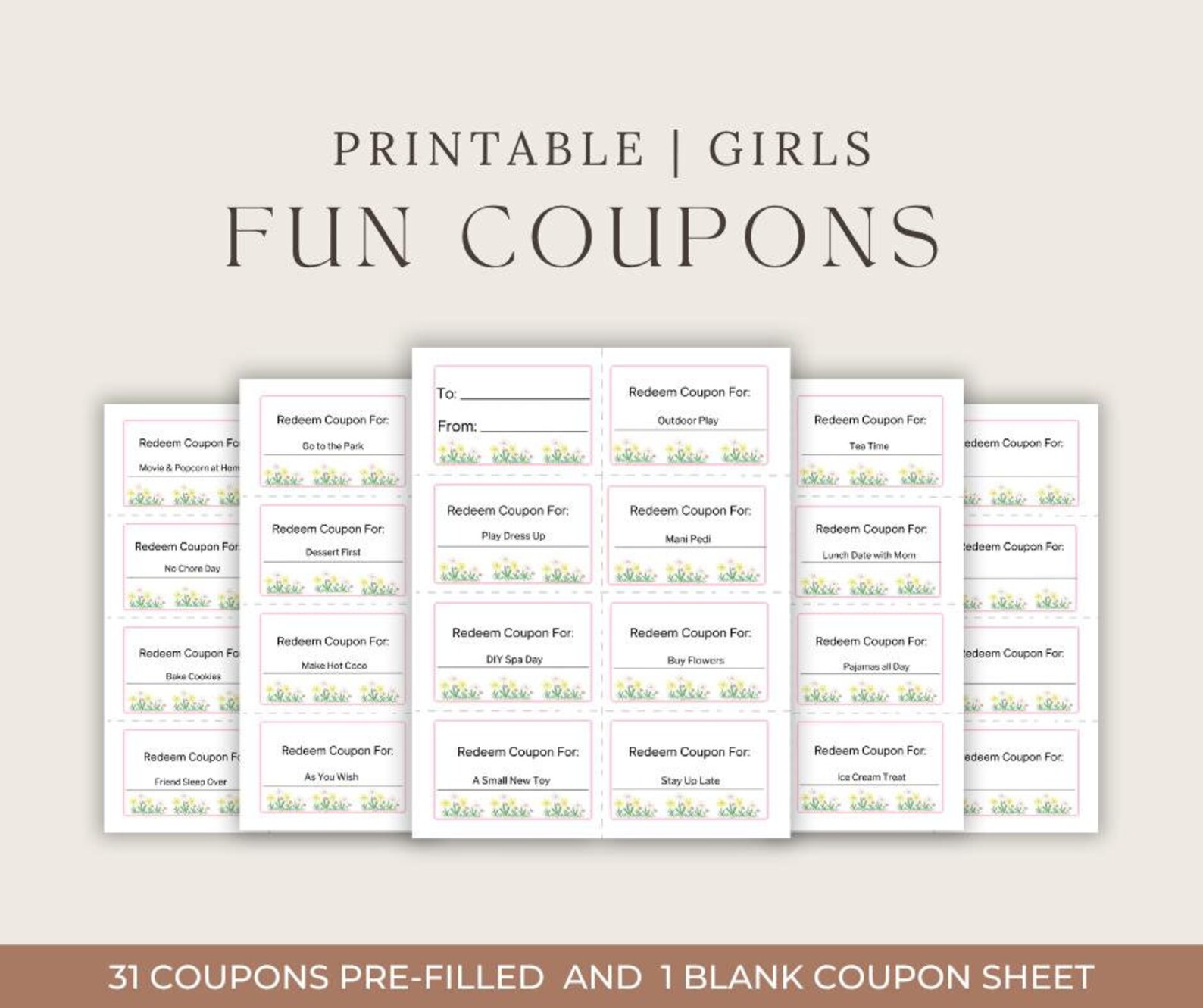 Girl Printable Digital Coupon Book Fun Kids Redeemable Reward Coupons ...