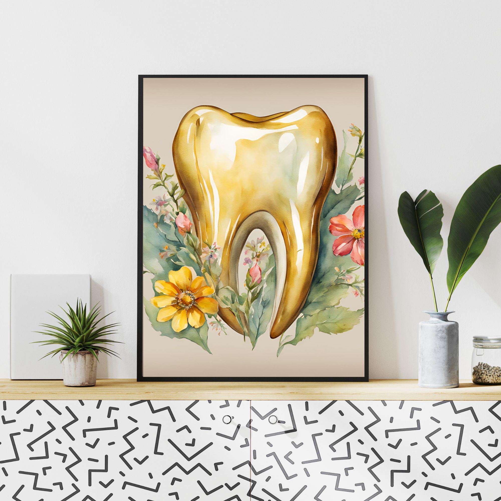 Watercolor Dental Office Gold Tooth Wall Art Decor Printable ...