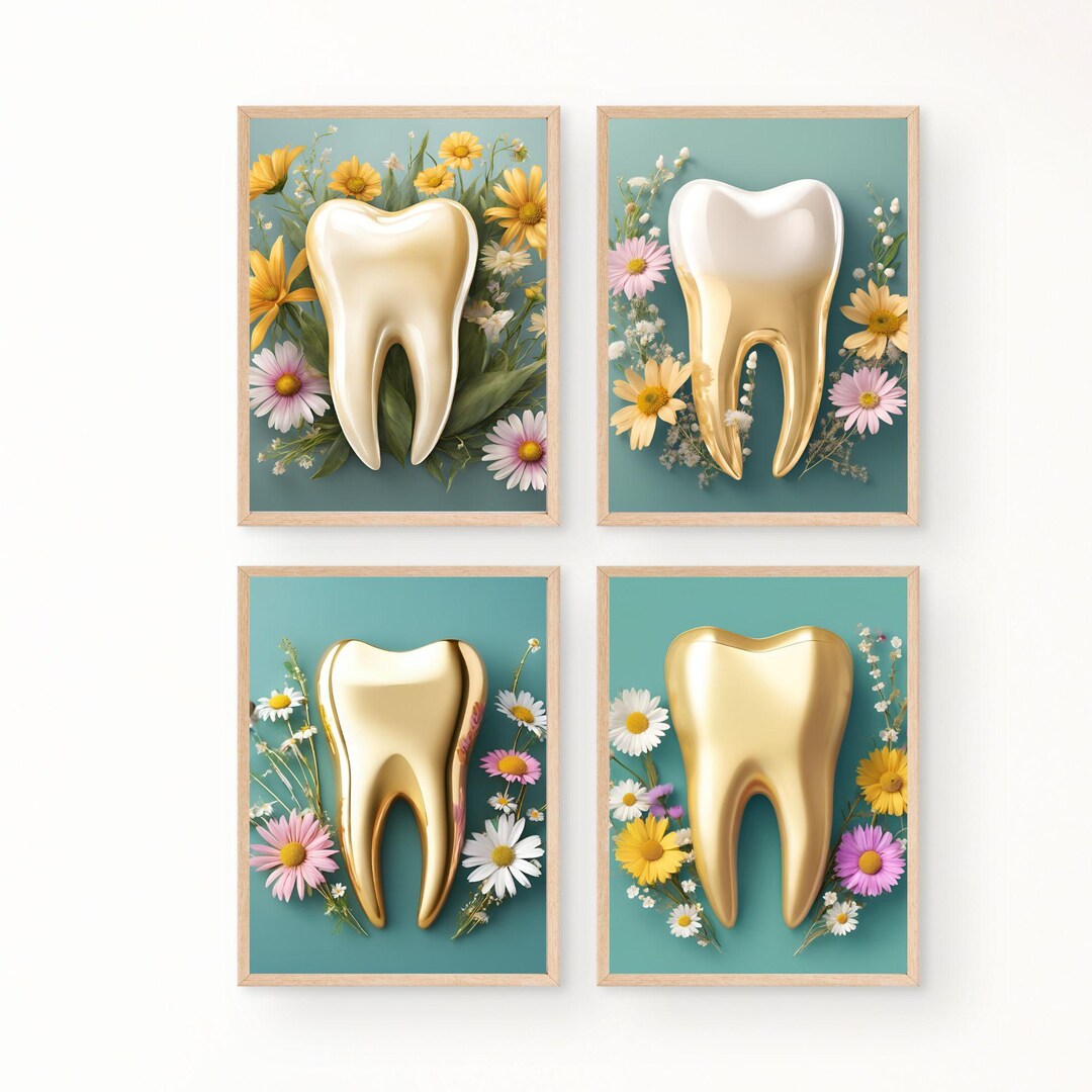 4 Watercolor Dental Office Gold Tooth Wall Art Decor Printable| Flower ...
